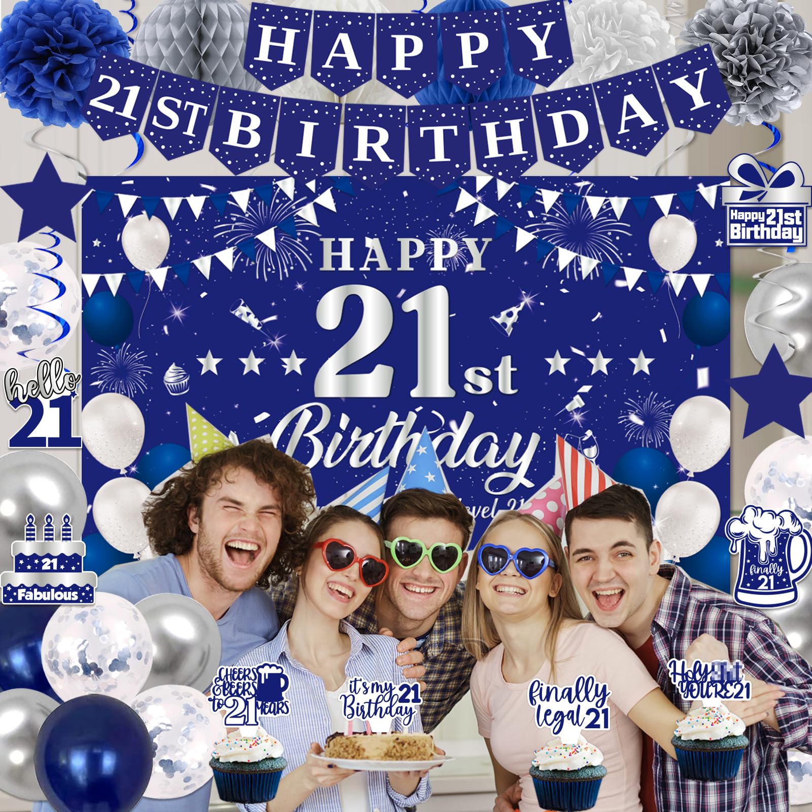 21st Birthday Decorations for Boys Girls, Blue Silver Happy 21st Birthday Party Decorations, Happy 21st Birthday Backdrop, Banner, Balloons, Hanging Swirls, Birthday Cards, Cake Toppers, Pompoms 54pcs