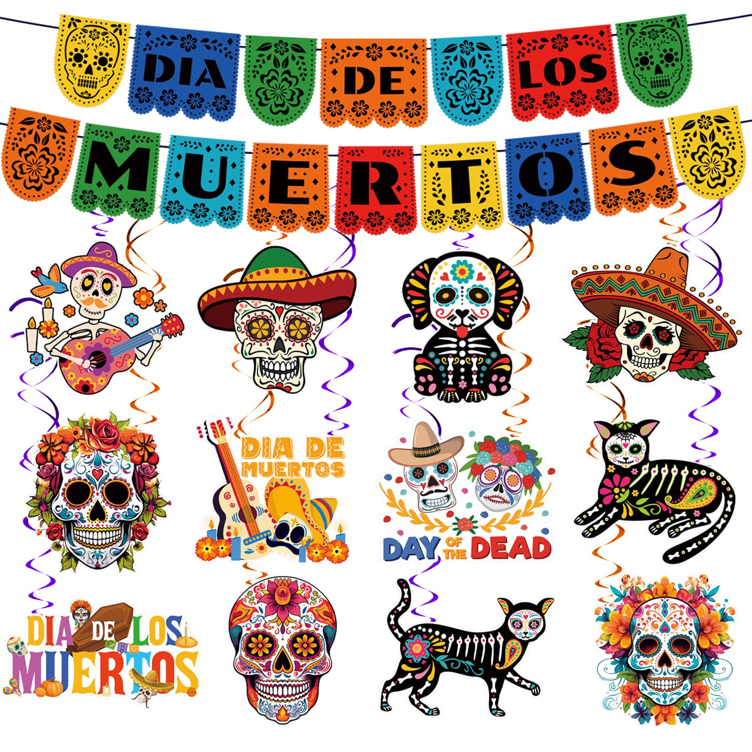 Day of the Dead Decorations for Altar NO-DIY Dia De Los Muertos Party Supplies Include 2pcs Dia De Los Muertos Banner and 12pcs Double Sided Day of the Dead Hanging Swirl for Mexican Halloween Party