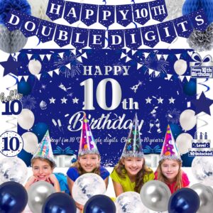 10th Birthday Decorations for Boys Girls, Blue Silver Happy 10th Double Digits Party Decorations, Happy 10th Birthday Backdrop, Banner, Balloon, Hanging Swirl, Birthday Card, Cake Topper, Pompom 57pcs