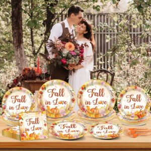 96 Pcs Fall Bridal Shower Plates and Napkins Party Supplies Fall In Love Party Tableware Set Autumn Floral Pumpkin Theme Party Decorations Favors for Bridal Shower Anniversary Engagement for 24 Guests