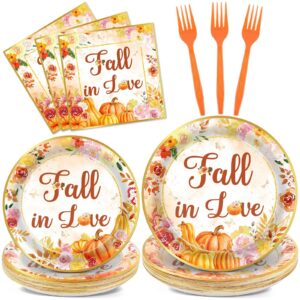 96 pcs fall bridal shower plates and napkins party supplies fall in love party tableware set autumn floral pumpkin theme party decorations favors for bridal shower anniversary engagement for 24 guests