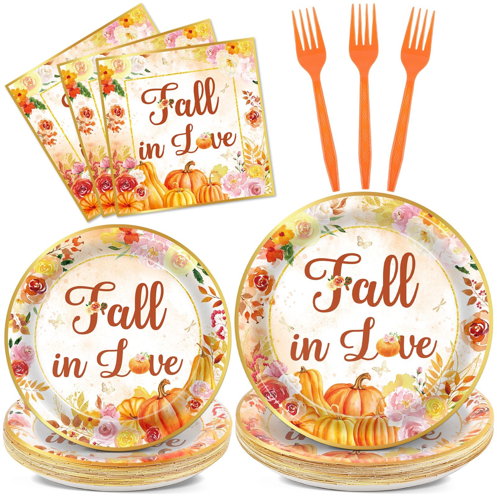 96 Pcs Fall Bridal Shower Plates and Napkins Party Supplies Fall In Love Party Tableware Set Autumn Floral Pumpkin Theme Party Decorations Favors for Bridal Shower Anniversary Engagement for 24 Guests