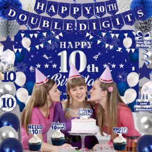 10th Birthday Decorations for Boys Girls, Blue Silver Happy 10th Double Digits Party Decorations, Happy 10th Birthday Backdrop, Banner, Balloon, Hanging Swirl, Birthday Card, Cake Topper, Pompom 57pcs