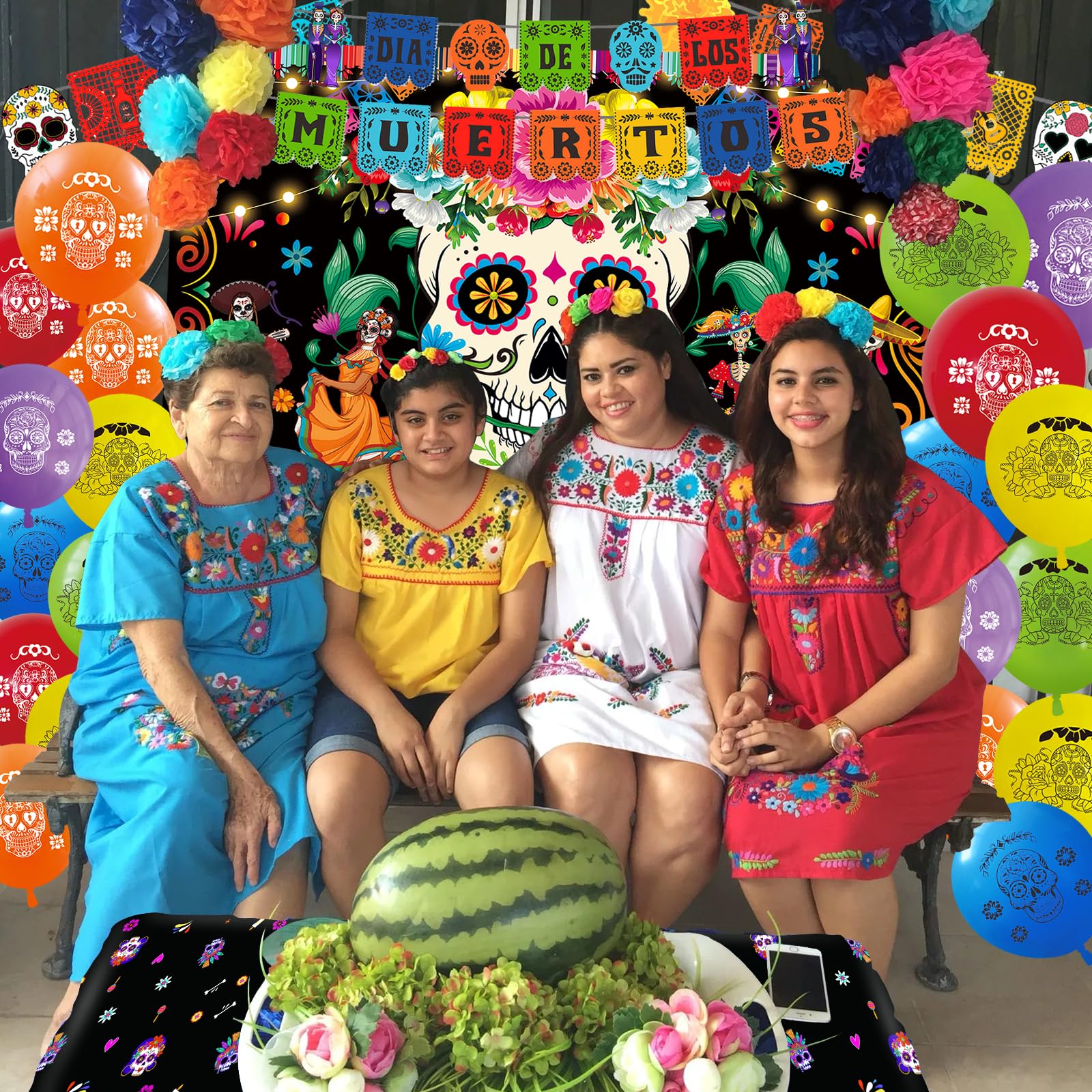 Day of The Dead Decorations Includes 3 Dia de Los Muertos Banner, 18 Latex Balloons,1 Backdrop, 1 Table Cloth,Sugar Skull Dia De Los Muertos Decoration for Halloween Mexican Fiesta Supplies