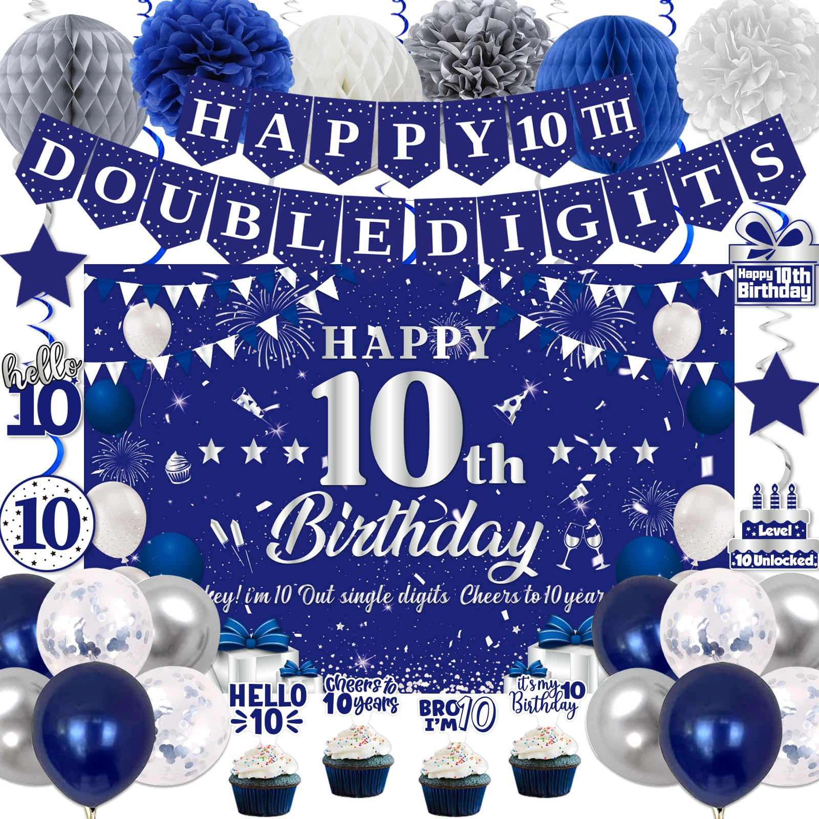 10th Birthday Decorations for Boys Girls, Blue Silver Happy 10th Double Digits Party Decorations, Happy 10th Birthday Backdrop, Banner, Balloon, Hanging Swirl, Birthday Card, Cake Topper, Pompom 57pcs