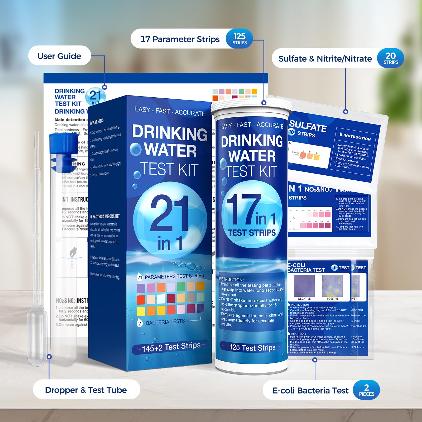 21 in 1 Drinking Water Testing Kit, 145 Test Strips - Mighty Care Home Tap and Well Water Test Kit for Hardness, Lead, Iron, Copper, Chlorine, Fluoride