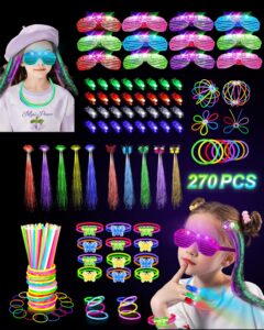 270 pcs glow in the dark party supplies for kids adults, 100 glow sticks bulk party pack light up party favors, 12 led glasses, 32 finger lights, 8 led hair clips for wedding birthday halloween