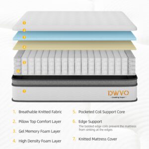 DWVO King Size Mattress - 12 Inch Memory Foam Mattress Twin - Hybrid Mattress in a Box with Pocket Spring Coils for Motion Isolation/Edge Support/Quiet Sleep/CertiPUR-US