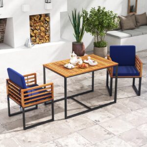 Tangkula 3 Piece Outdoor Dining Set, 2 Acacia Wood Armchairs with 43.5 Inch Dining Table, Heavy-Duty Metal Support, Cushioned Space-Saving Patio Furniture Set for Porch, Poolside