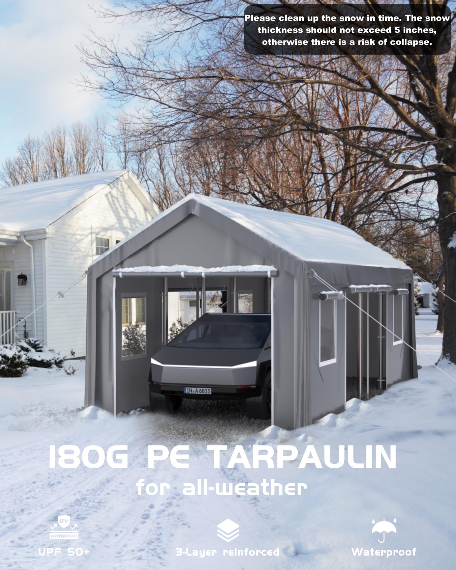 GarveeLife 13'x25'x11' Carport Oversized, Portable Garage with 180g PE Tarps, 19 Gauge Poles, 6 Roll-up Doors, and 4 Mesh Windows, Suitable for Full-Size Pickups Bass Boats, Tractors, and SUVs, Gray