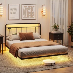 fameill queen size floating bed frame metal platform bed with vintage style headboard, with usb charging station, led lights no box spring needed, easy assembly, black