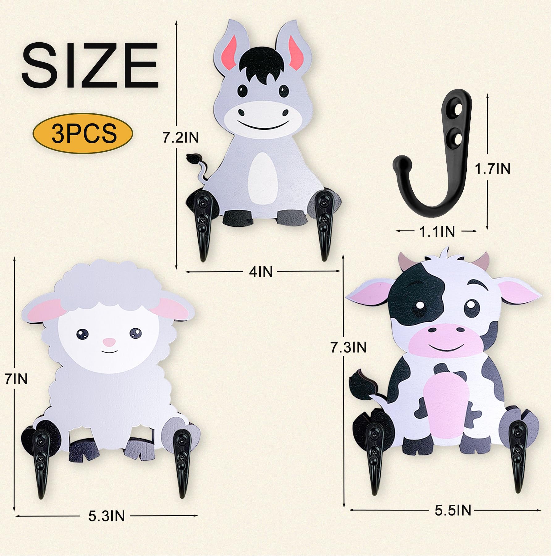 Midrean 3Pack Wood Decorative Cute Unique Fun Colorful Animal Kids Coat Rack Towel Wall Mount Hooks