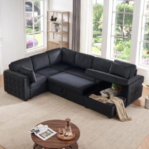 mestyl convertible pull out sleeper sofa bed with storage chaise, oversized u shaped sectional couch bed with 2 pillows, comfy large l shaped pullout couches bed for living room, velvet, black, mt002