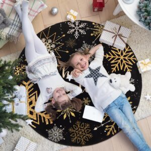 Harrycle 4ft Christmas Round Snowflakes Rug Christmas Area Rug Winter Entry Carpet Soft Xmas Large Snowflake Decor Carpet Winter Cute Sofa Circle Floor Carpets for Bedroom Nursery Living Room