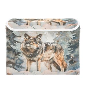 senya Winter Baskets Collapsible Storage Bins with Lids, Wolf Snow Winter Storage Boxes Clothes Baskets for Organizing