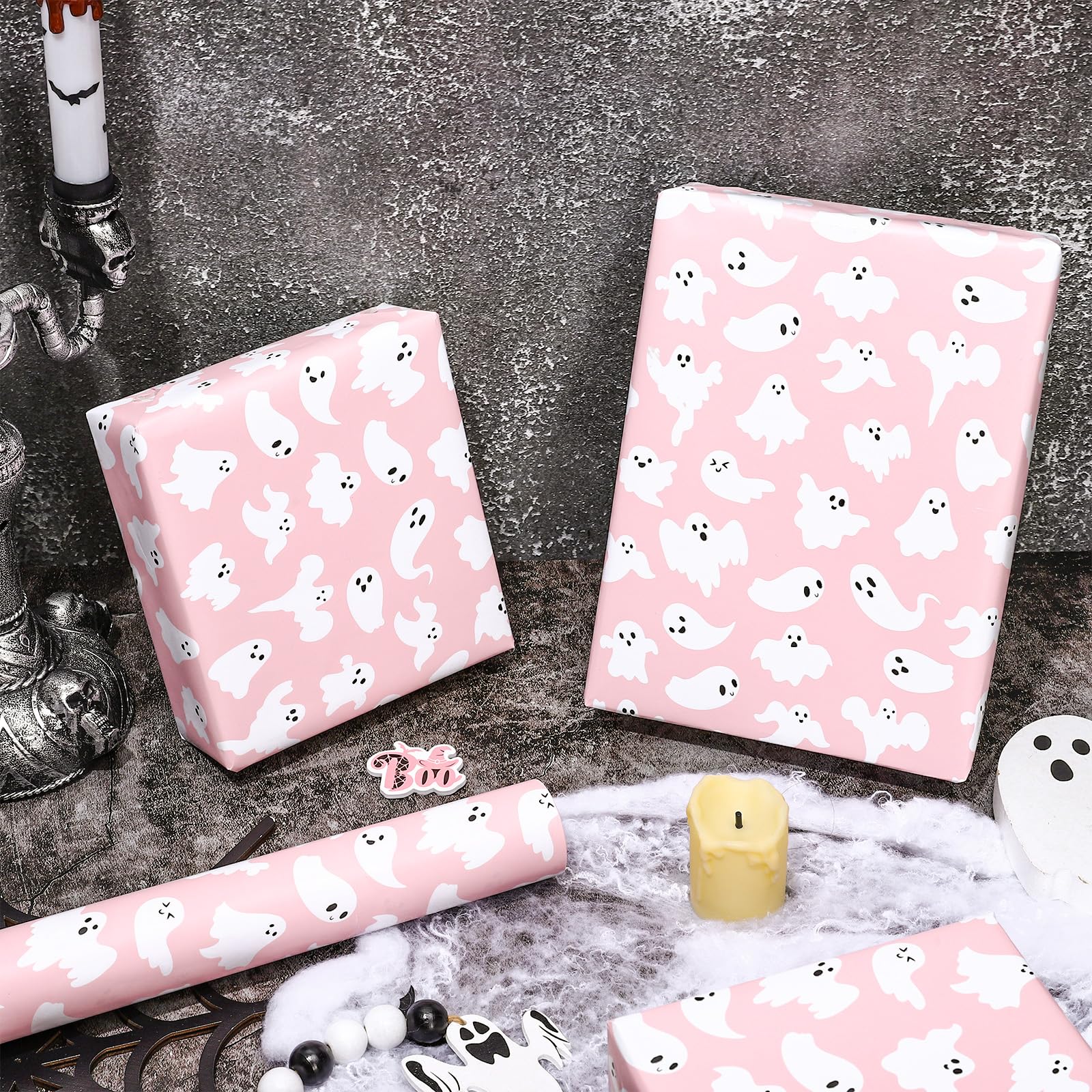 JarThenaAMCS Halloween Ghost Wrapping Paper - Mini Roll - 17 In x 32.8 Ft Pink Cute Cartoon Ghost Boo Gift Wrap Paper for DIY Art Craft Wedding Birthday Baby Shower