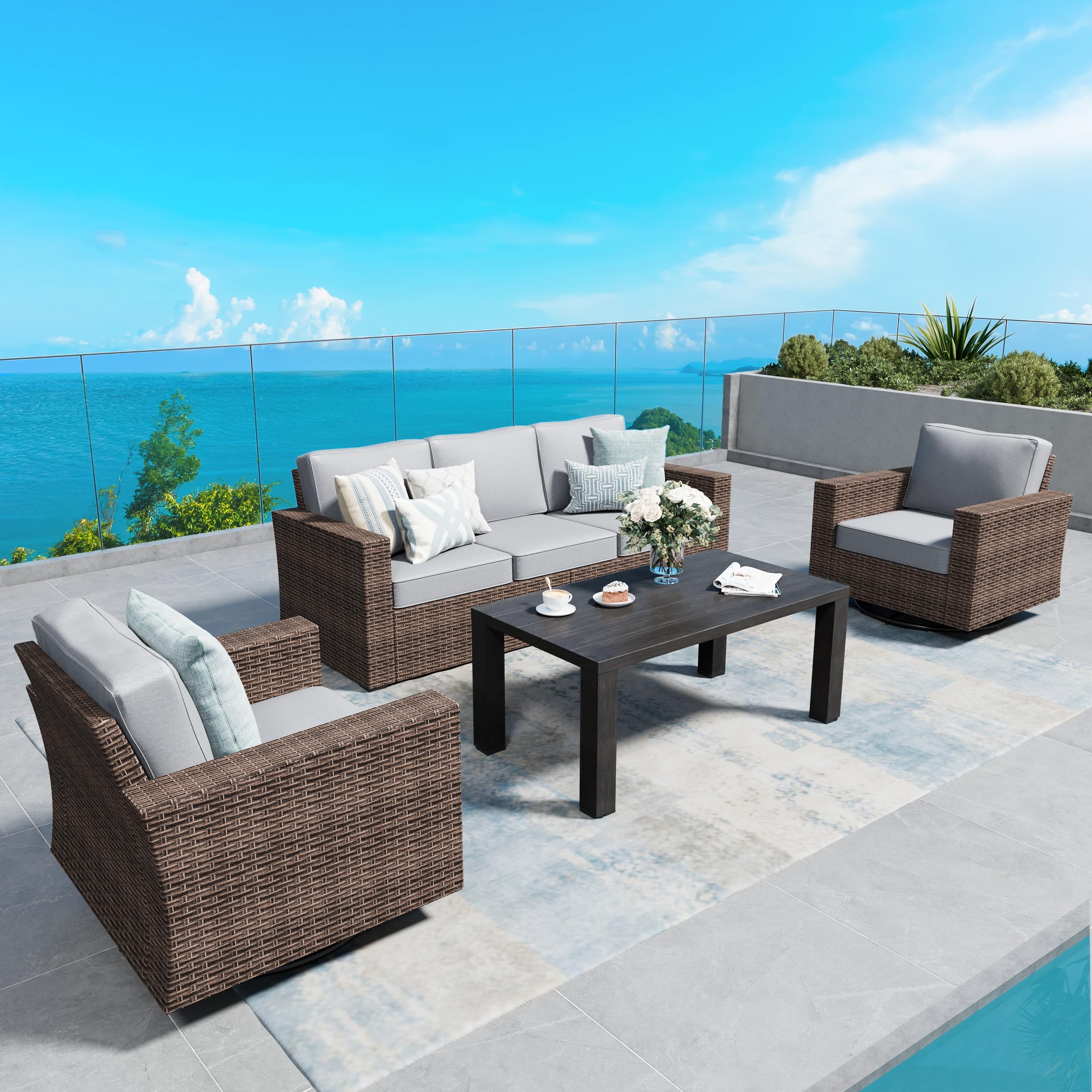 SUNSHINE VALLEY Swivel Glider 4 Piece Patio Furniture Set with Swivel Chairs, Patio Set with 4.92" Extra Wide Armrest, Wicker Patio Furniture with 26.3" Deep Seating and 5.5" Thick Cushions, Grey