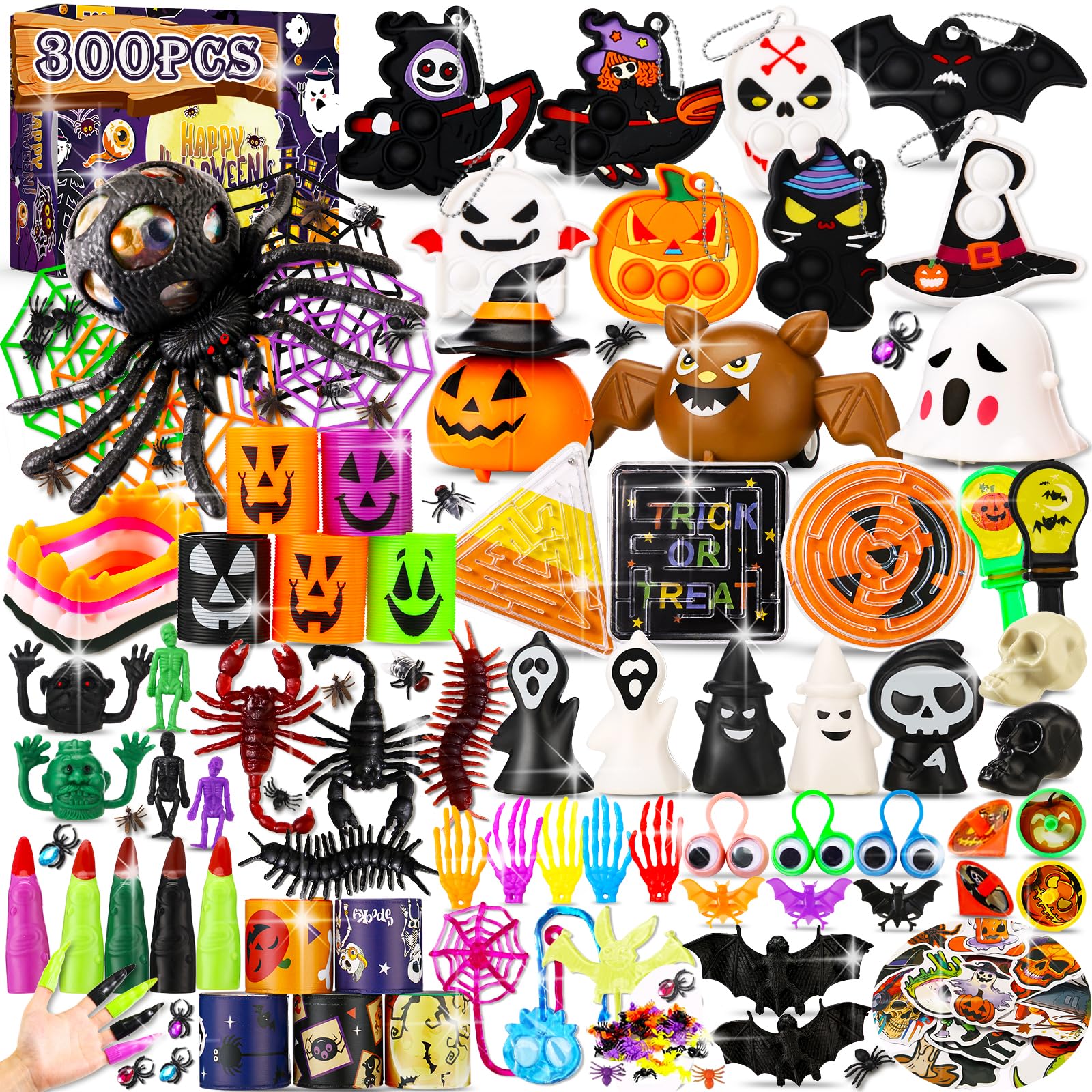 Zunaco 300PCS Halloween Party Favors for Kids, Trick or Treat Gifts Goodie Bag Fillers, Halloween Bulk Fidget Toys Party Supplies for School Classroom Carnival Prizes Treasure Box