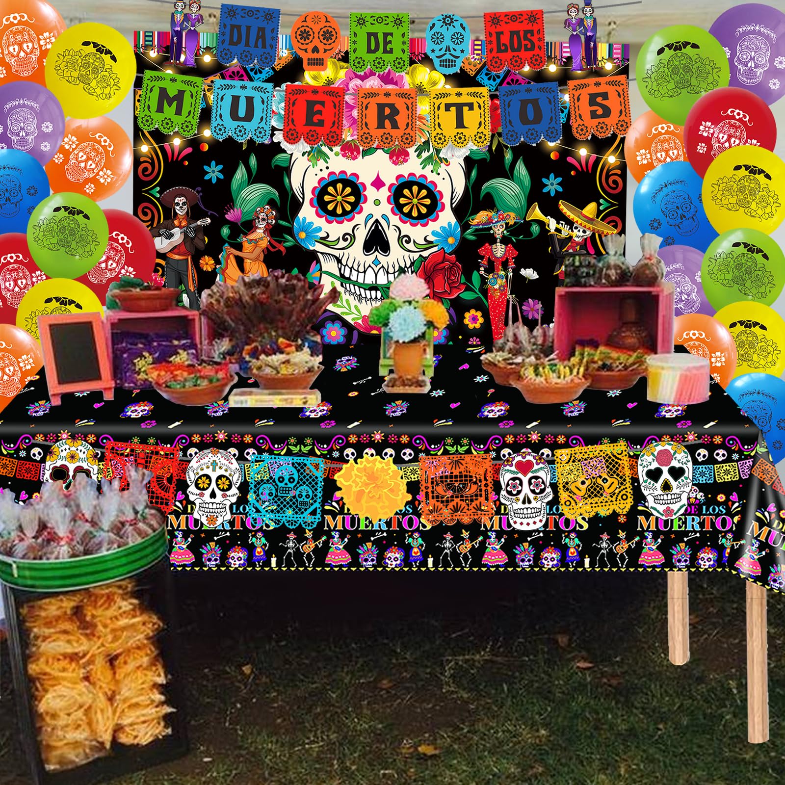 Day of The Dead Decorations Includes 3 Dia de Los Muertos Banner, 18 Latex Balloons,1 Backdrop, 1 Table Cloth,Sugar Skull Dia De Los Muertos Decoration for Halloween Mexican Fiesta Supplies