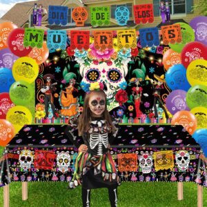 Day of The Dead Decorations Includes 3 Dia de Los Muertos Banner, 18 Latex Balloons,1 Backdrop, 1 Table Cloth,Sugar Skull Dia De Los Muertos Decoration for Halloween Mexican Fiesta Supplies