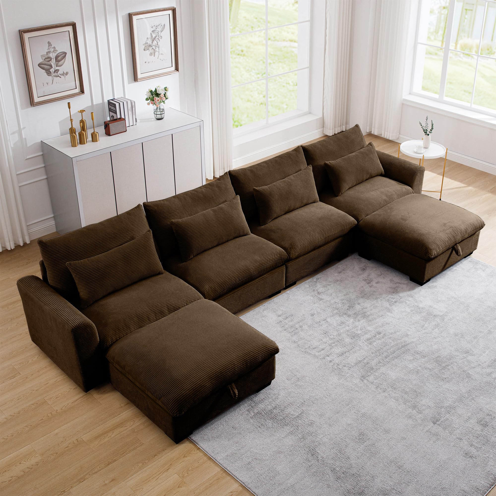 Corduroy U-Shaped Sofa Couch 157.5" Brown Comfy Modular Couch Oversized Couch with Storage Ottoman Cloud Couch 4 Seater Extra Deep Sofa Couch,Sectional Couches for Living Room