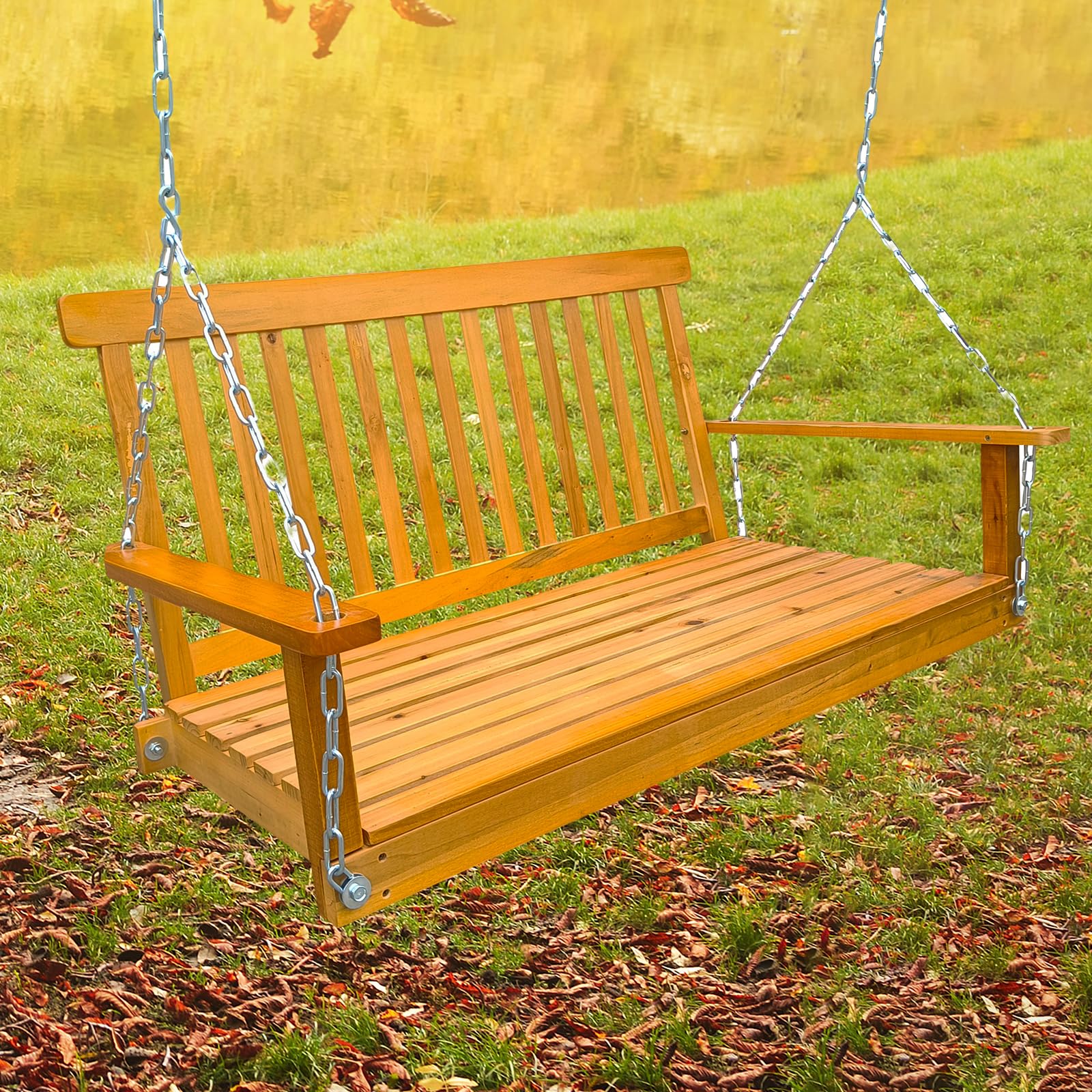 Front Yard Swing Bench Classic Teak Wooden Hanging Chains Easy Assembly Durable Solid Wood Porch Swing 47.2x28.15x23.62in