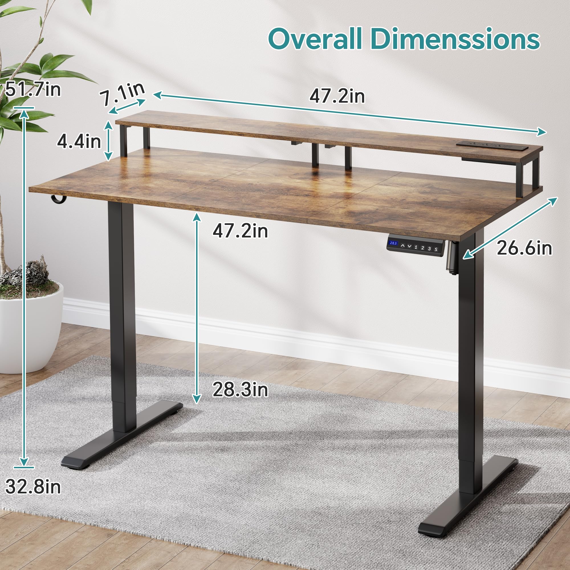 Mr IRONSTONE Electric Standing Desk with Monitor Shelf, 47" x 27" Height Adjustable Desk with 3 AC Outlets & 2 USB Ports, Sit Stand Up Desk Home Office Computer Desk (Rustic Brown)