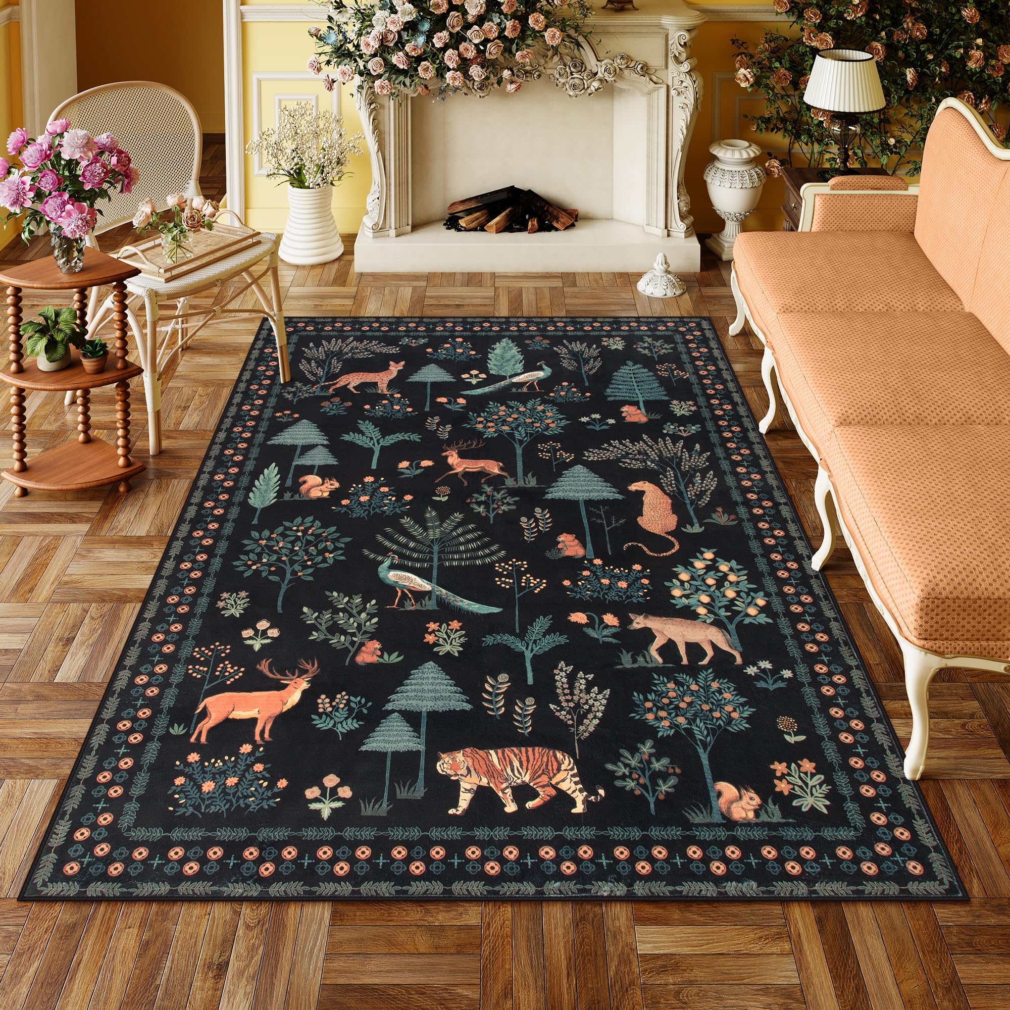 Lahome Jungle Animal Black Living Room Rug, 5x7 Washable Area Rug Soft Large Rugs for Bedroom Aesthetic, Modern Tree Classroom Playroom Rug Stain Resistant Carpet for Nursery Office Dorm, Black