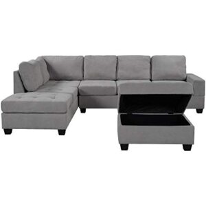 Acosure 112" Modern L-Shape Couch Set with Reversible Chaise,Sectional Convertible Sofa W/Storage Ottoman & 2 Cup Holders,Easy Assembly,6 Seat Sleeper Furniture for Living Room Apartment,Gray Velvet