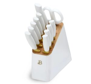 generic 12 piece beautiful knife block set with soft-grip ergonomic handles white and gold by drew barrymore, 5306062