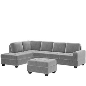 Acosure 112" Modern L-Shape Couch Set with Reversible Chaise,Sectional Convertible Sofa W/Storage Ottoman & 2 Cup Holders,Easy Assembly,6 Seat Sleeper Furniture for Living Room Apartment,Gray Velvet