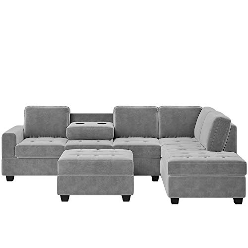 Acosure 112" Modern L-Shape Couch Set with Reversible Chaise,Sectional Convertible Sofa W/Storage Ottoman & 2 Cup Holders,Easy Assembly,6 Seat Sleeper Furniture for Living Room Apartment,Gray Velvet