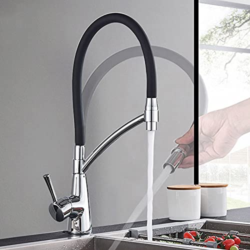 QFZFQOLSS Kitchen Sink Faucet for Bar Farmhouse Commercial, Pull Down Kitchen Faucet, Chrome with Black Free Rotation One Modes Kitchen Tap, Hot Cold Mixer Crane Bath Sink Tap Faucets