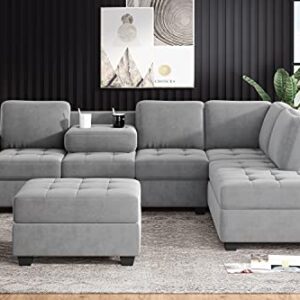 Acosure 112" Modern L-Shape Couch Set with Reversible Chaise,Sectional Convertible Sofa W/Storage Ottoman & 2 Cup Holders,Easy Assembly,6 Seat Sleeper Furniture for Living Room Apartment,Gray Velvet