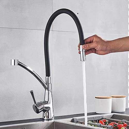 QFZFQOLSS Kitchen Sink Faucet for Bar Farmhouse Commercial, Pull Down Kitchen Faucet, Chrome with Black Free Rotation One Modes Kitchen Tap, Hot Cold Mixer Crane Bath Sink Tap Faucets