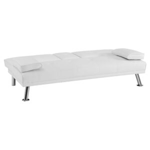 Maykoosh Low Profile Design: Convertible Folding Futon Sofa Bed Sleeper Couch for Living Room Upholstered Futon Sofa with Armrests, Metal Legs, 2 Cup Holders White/Faux Leather