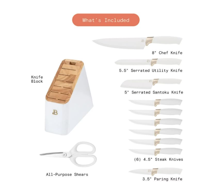 Generic 12 Piece Beautiful Knife Block Set with Soft-Grip Ergonomic Handles White and Gold by Drew Barrymore, 5306062