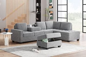 acosure 112" modern l-shape couch set with reversible chaise,sectional convertible sofa w/storage ottoman & 2 cup holders,easy assembly,6 seat sleeper furniture for living room apartment,gray velvet