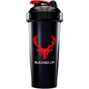 bucked up perfect shaker bottle, 28oz, bpa-free, dishwasher safe, leak-proof, black bottle with red buck logo