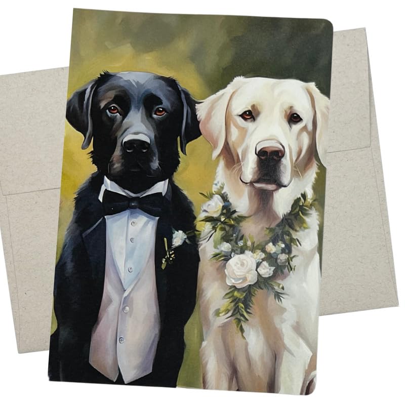 Labrador Retriever Wedding Card, Dog Lover Wedding Card (1 Premium Card, 5X7 Inches) black lab groom and yellow lab bride, blank inside for your own tasteful message - 1015