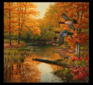 elizabeth studios 36"" x 44"" panel magical season ducks ducklings mallard animals birds pond fall autumn seasonal black cotton fabric panel (9206black)