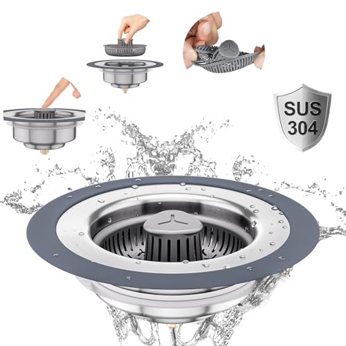 Auspok Upgraded 3 in 1 Kitchen Sink Silicone Drain Strainer Set, 304 stainless steel sink stopper, silicone anti-clogging catcher basket,3-layer leak-proof ring Filter for US standard 3-1/2 inch drain