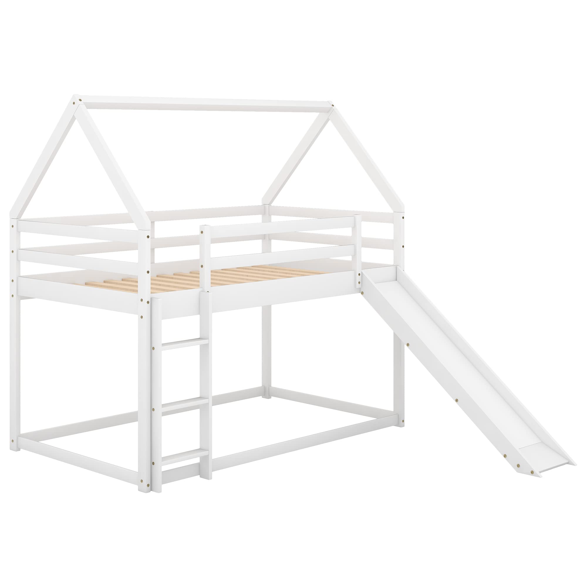 DreamBuck House Bunk Bed with Slide, Solid Wood Low Bunk Bed Twin Over Twin with Roof and Safety Guardrail, Twin Floor Bunk Bed for Kids Teens Girls Boys, No Box Spring Needed, White