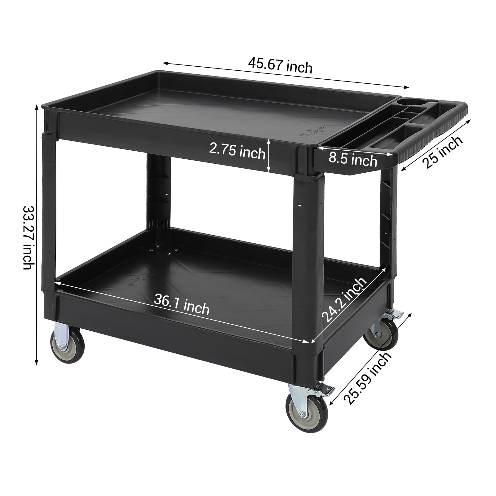 GarveeTech Service Cart 500-lb Utility Service PP Rolling cart with Two Trays and Brake Wheel for Warehouse/Garage/Cleaning/Manufacturing，45" 25" Black