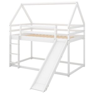 DreamBuck House Bunk Bed with Slide, Solid Wood Low Bunk Bed Twin Over Twin with Roof and Safety Guardrail, Twin Floor Bunk Bed for Kids Teens Girls Boys, No Box Spring Needed, White