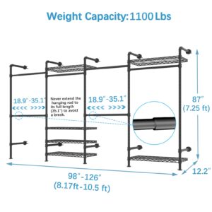 Timate F4 Wall Mounted Clothes Rack Industrial Pipe Clothing Rack for Hanging Clothes, Expandable Garment Rack Heavy Duty Wardrobe Closet Organizer and Storage, Black Adjustable Industrial Closet Kit