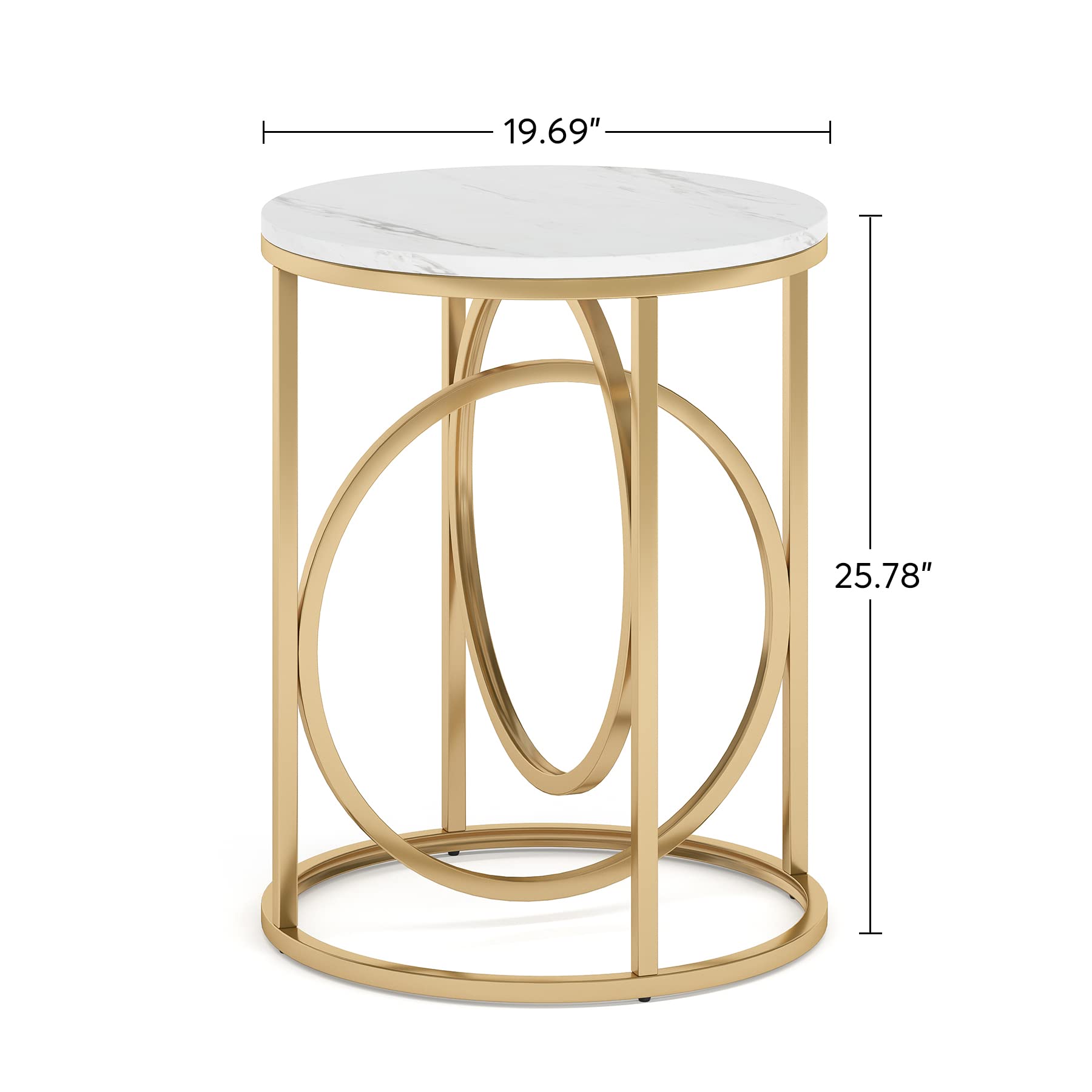 Tribesigns Round Gold End Table - Set of 2, Faux Marble Side Table w/O-Shaped Metal Base, 20" Wide Tabletop, White and Gold Accent Table Small Round Nightstand for Living Room, Bedroom, Small Spaces