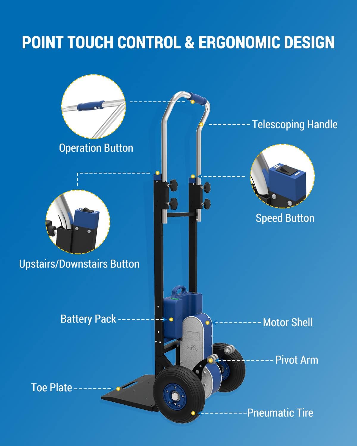 XSTO Electric Stair Climber, 375lbs Load Capacity Aluminum Stair Climbing Dolly Cart, 1200W Peak Power Motor Electric Dolly, Powered Hand Trucks with Ergo Telescoping Handle & Pneumatic Wheels