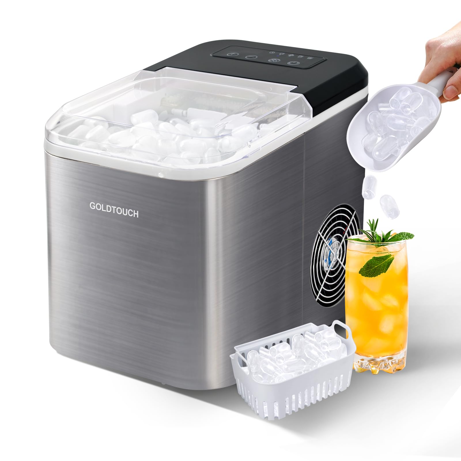 Ice Maker Countertop 9 Pcs Ice in 6 Mins 33lbs/24h Stainless Steel Compact Ice Maker Machine with Self Cleaning for Home, Restaurants, Bars, and RV