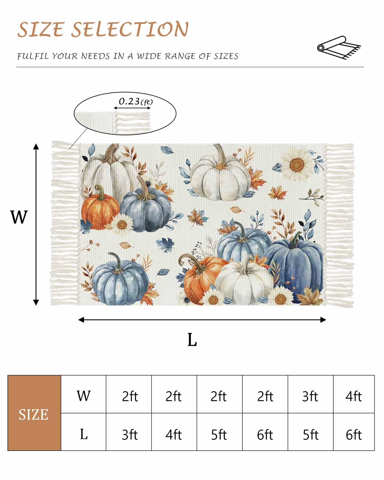 Thanksgiving Orange Blue White Pumpkins Hallway Runner Rug 2x6ft,Fall Eucalyptus Washable Woven Living Room Bedroom Kitchen Bathrom Carpet with Tassels Indoor Outdoor Throw Door Mat for Entryway